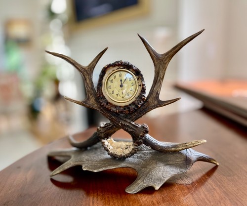 Antique Black Forest Mantle Clock antlers and fallow deer base carved ...