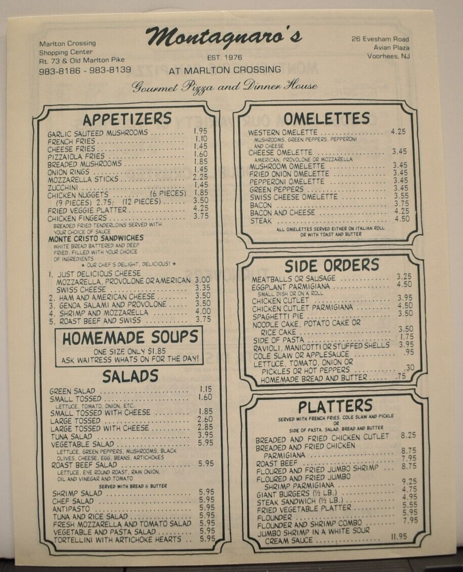 1980s Montagnaro's Pizza Restaurant Menu Marlton Crossing Avian Plaza ...