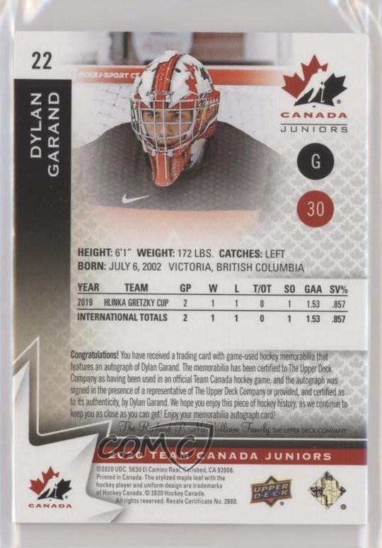 2020-21 Upper Deck Team Canada Juniors Hlinka Autos /199 Dylan Garand ...