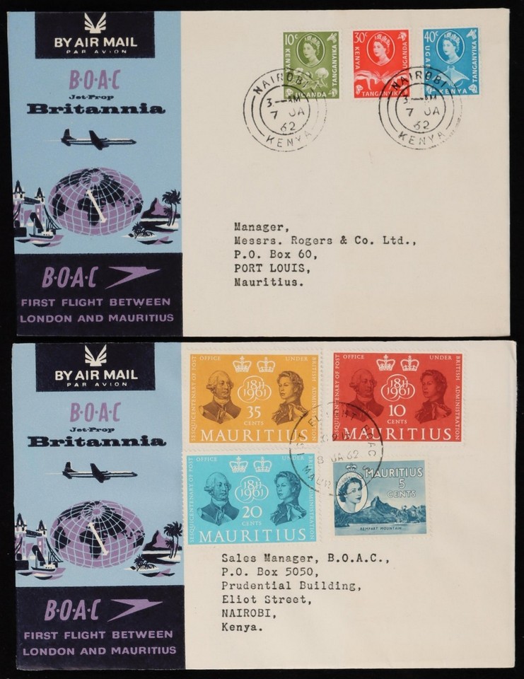 GREAT BRITAIN 1962 Mauritius First Flight Covers x 8 Italy Sudan Kenya ...