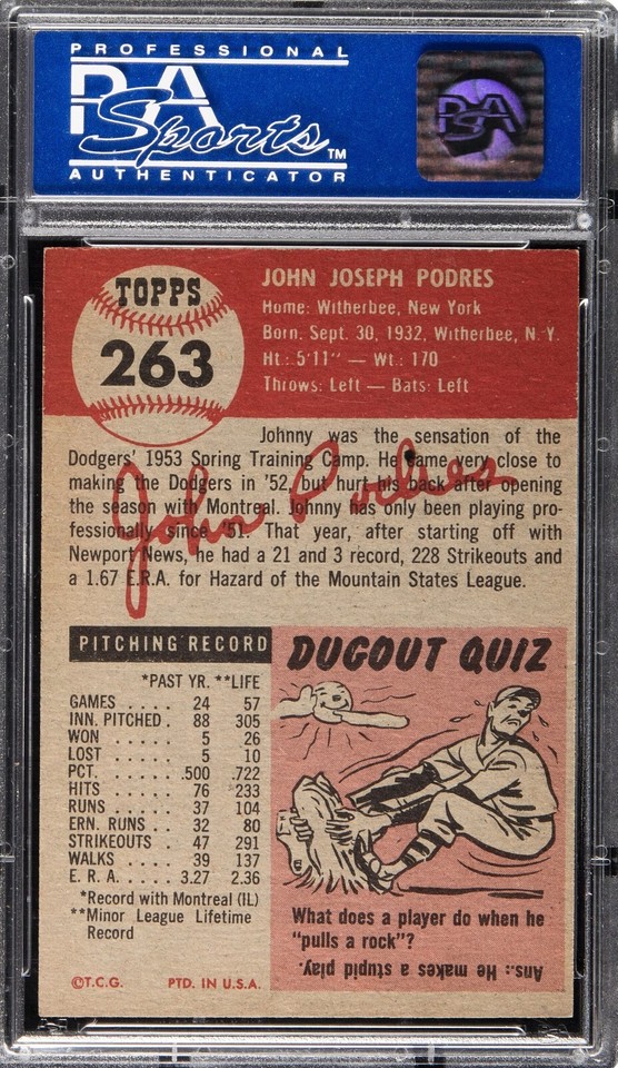 1953 TOPPS SP #263 JOHNNY PODRES RC BROOKLYN DODGERS SHORT PRINT ROOKIE ...