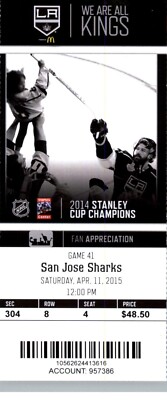 San Jose Sharks vs Los Angeles Kings 4/11/2015 Full Ticket - Anze ...
