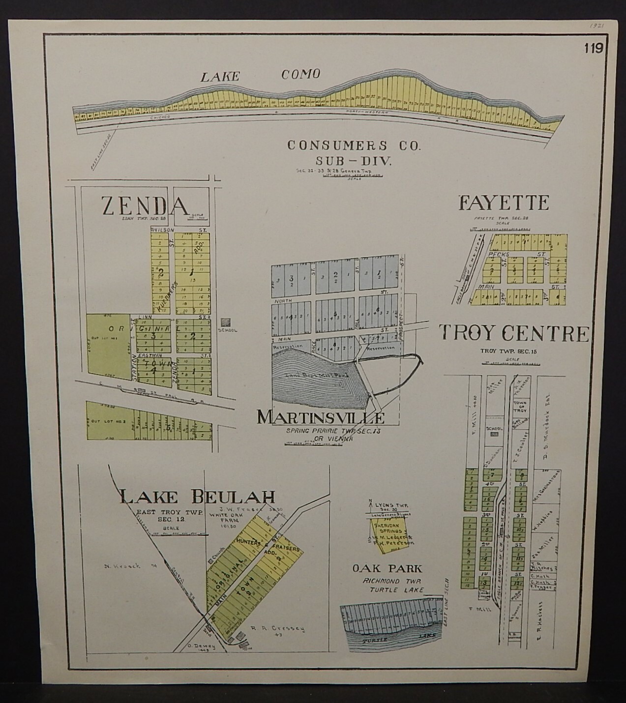 Wisconsin Walworth County Map Zenda Troy Centre Center Lake Beulah 1921 ...