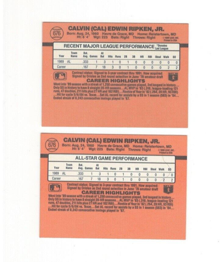 1990 Donruss Cal Ripken Jr. ERROR Card #676 ~ Performance Error ...