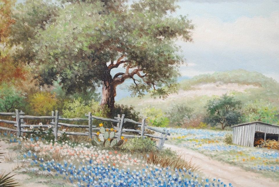 Texas vintage bluebonnet painting signed E. Bushell possibly by Ruth ...