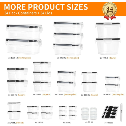 68 Pack Airtight Food Storage Containers (34 Stackable Plastic, 34 Lids ...