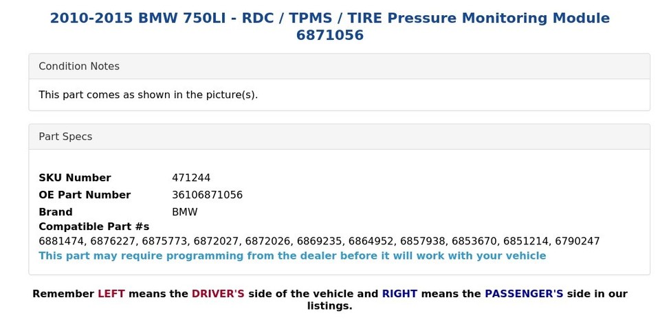 2010-2015 BMW 750LI - RDC / TPMS / TIRE Pressure Monitoring Module ...