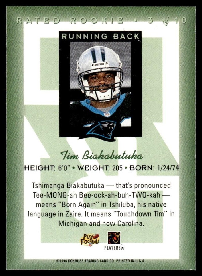 Tim Biakabutuka 1996 Donruss RC Rated Rookies #3 Carolina Panthers | eBay