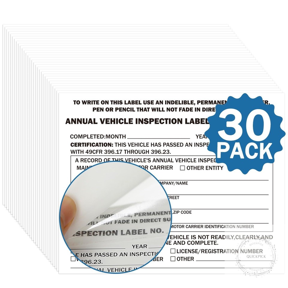 30 Pack FMCSA Annual Vehicle Inspection Sticker 2-Ply DOT Annual ...
