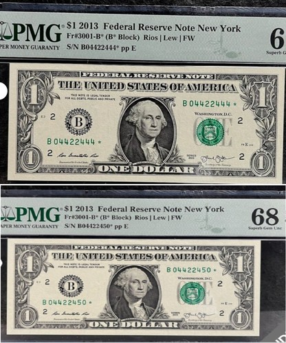 2013 B Duplicate Star Note Error One Dollar Bill B04422450* + B04422444 ...