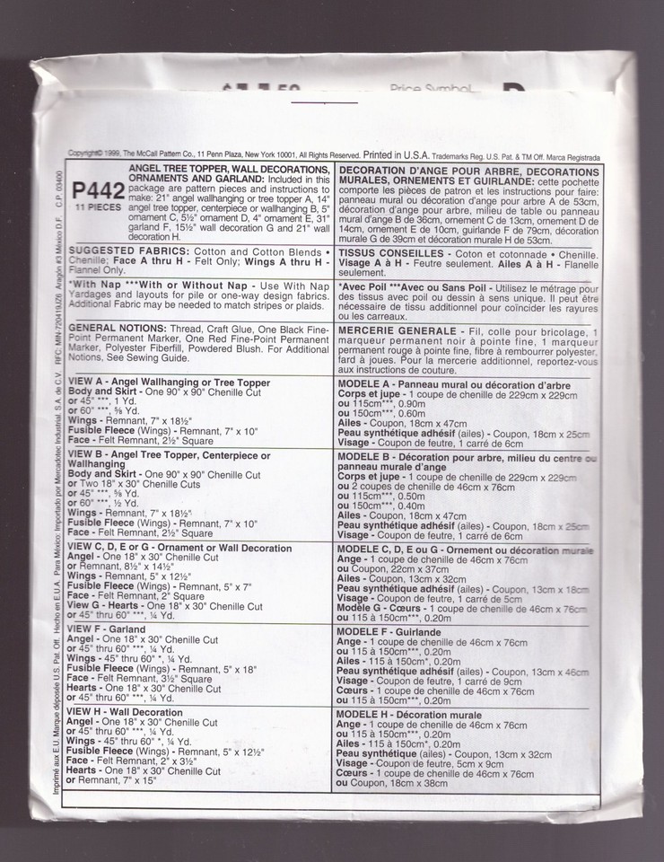 McCALL'S CRAFTS P442 ANGEL TREE TOPPER WALL DECORATIONS ORNAMENTS AND ...