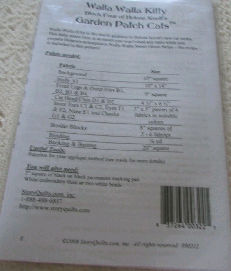 Garden Patch Cats Story Quilt Helene Knott 18" Sq. Pattern WALLA-WALLA ...