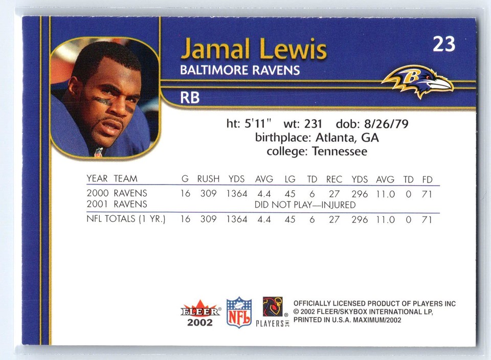 2002 Fleer Maximum #23 Jamal Lewis Baltimore Ravens | eBay