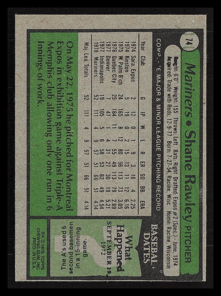 Shane Rawley 1979 Topps #74 Seattle Mariners Rookie | eBay