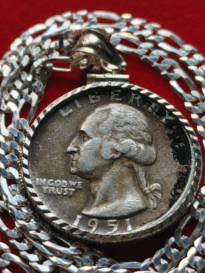 1951 US Antique Unique Silver 25c Coin Pendant on 18" 925 Sterling ...