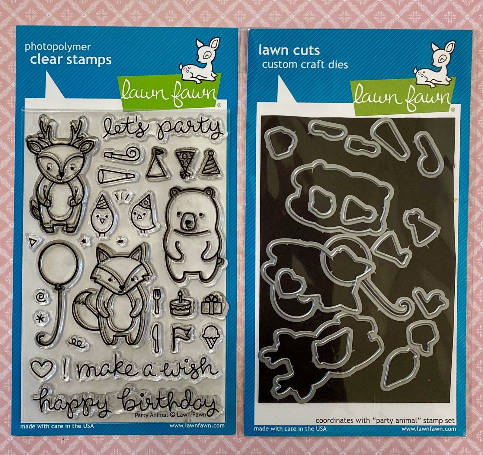Lawn Fawn PARTY ANIMAL Stamps & Die Bundle bear fox deer chick wish ...