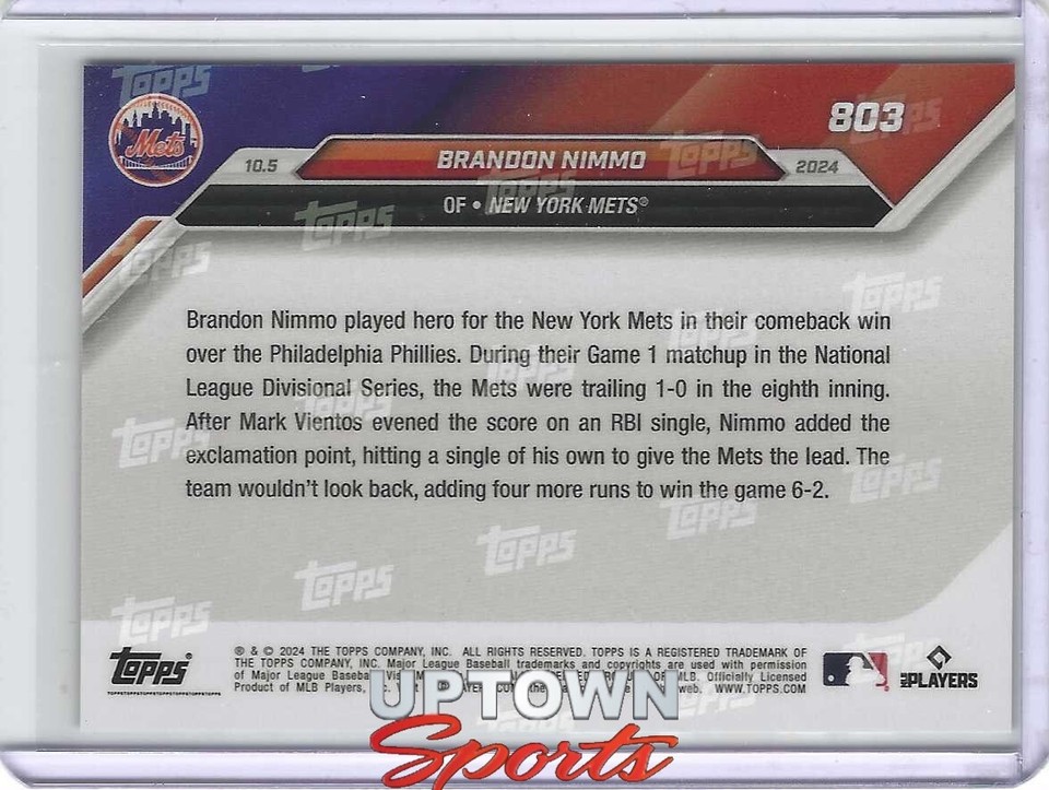 Brandon Nimmo - 2024 MLB Topps NOW® Card 803 - Go Ahead RBI in 8th ...