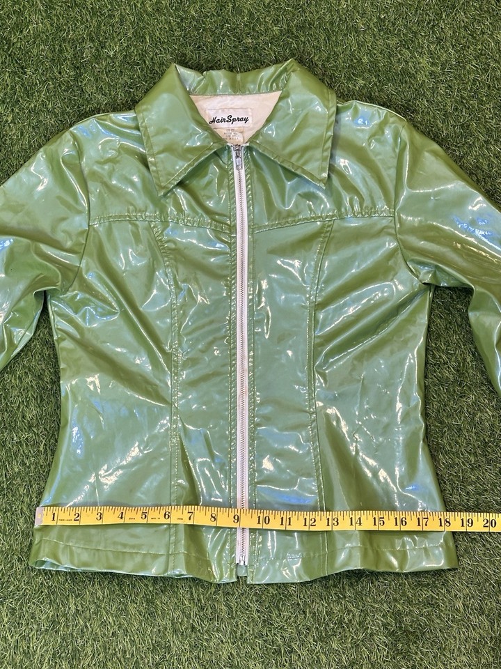 Y2K Vintage Vinyl Jacket Women Medium Neon Green Zip Up Shiny ...