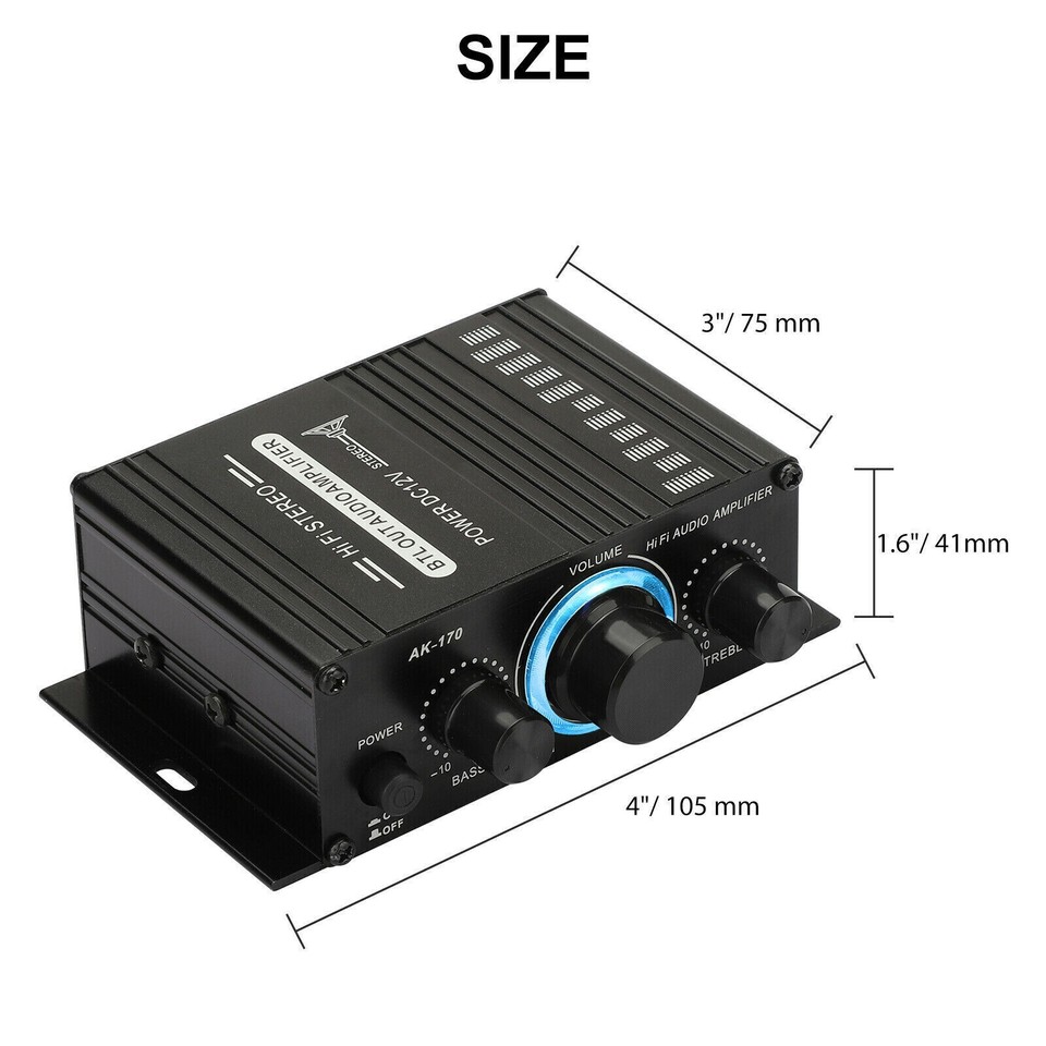 400W 12V 2 Channel Powerful Stereo Audio Power Amplifier HiFi Bass Amp ...