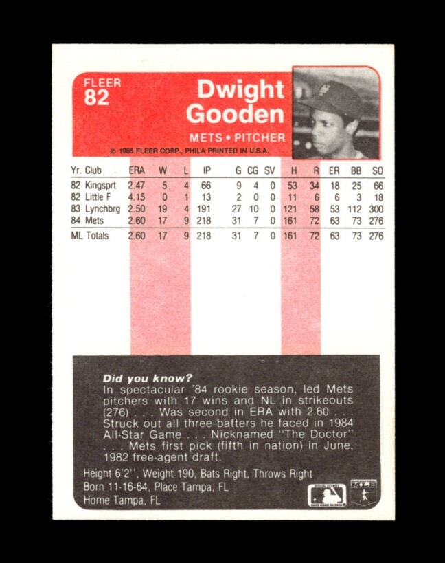 1985 Fleer Set-Break # 82 Dwight Gooden RC NM-MT OR BETTER *GMCARDS* | eBay
