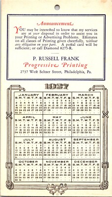 Trade Card 1927 Calendar P. Russell Frank Progressive Printing ...