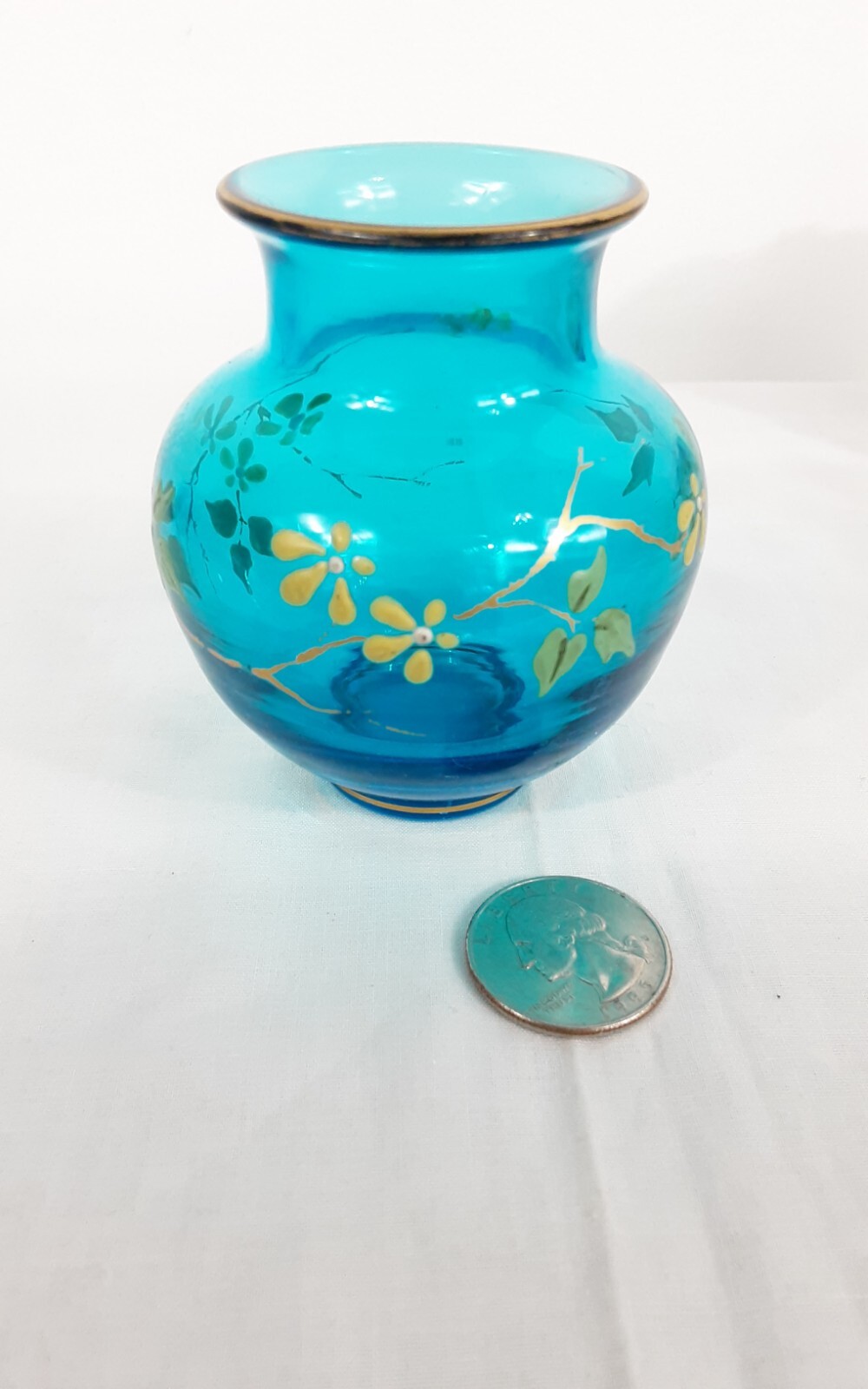 Vintage Aqua Blue Glass Vase Hand Painted Enamel Flowers Bohemian 3 ...