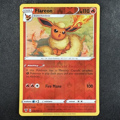 Pokemon TCG Flareon SWSH Vivid Voltage 026/185 Reverse Holo Rare Card 1 | eBay