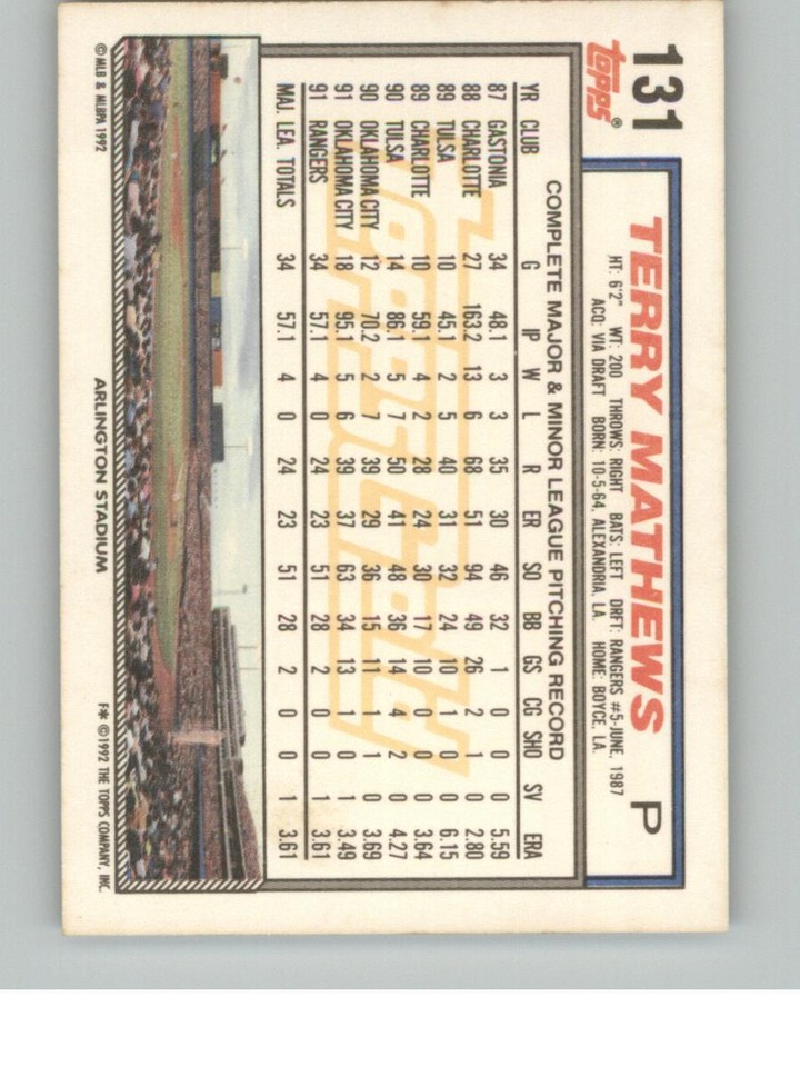 1992 Topps Terry Mathews 131 Texas Rangers Gold | eBay