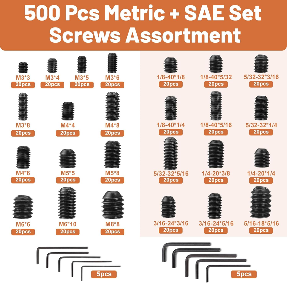 500 Pcs 25 Size Set Screws Metric&SAE Set Screw Assortment Kit 12.9 ...