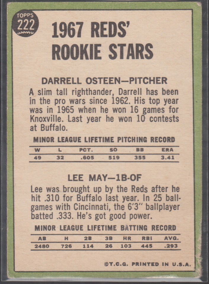 LEE MAY DARRELL OSTEEN 1967 Topps #222 Cincinnati Reds Rookie Stars | eBay