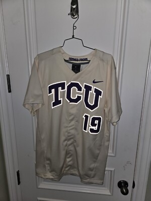 Nike TCU embroidered full Snap Baseball Jersey #19 Men's L cream | eBay