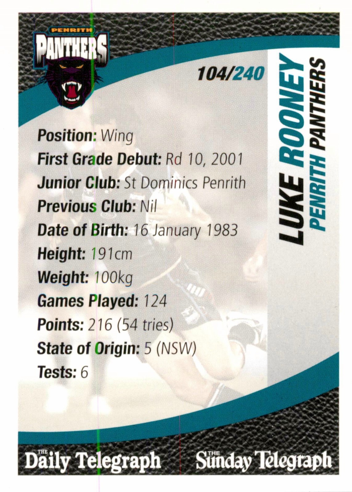 2008 PENRITH PANTHERS NRL Card LUKE ROONEY Centenary Daily Telegraph | eBay