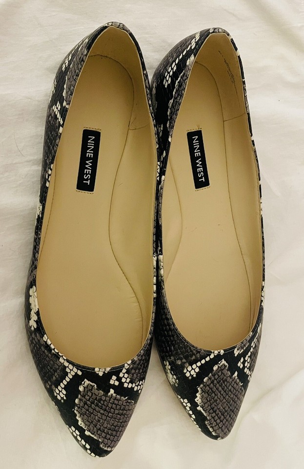 Nine West Womens Calla 3 Snake Print Flats Black White Gray Shoes Size ...