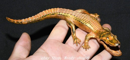 7" Old Chinese Dynasty Copper Gilt Feng Shui Crocodile Alligator Animal ...