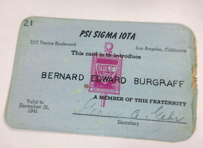 vintage 1941 Psi Sigma Iota Fraternity membership ID card Los Angeles ...