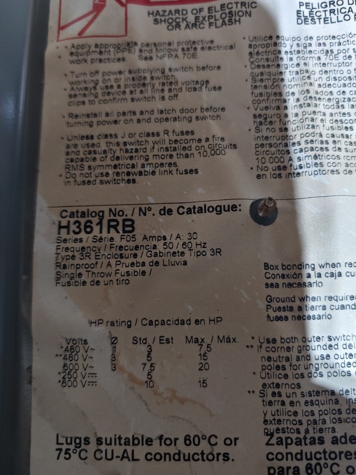 Square D 30A 600V 3P Heavy Duty Safety Switch (H361rb) | eBay