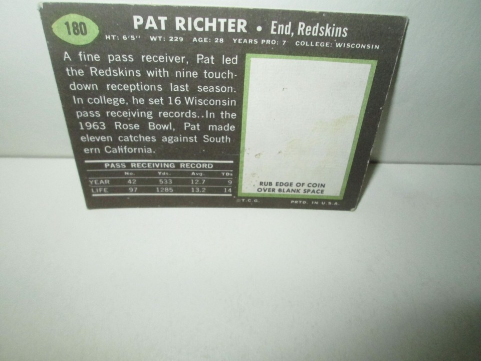 PAT RICHTER 1969 CARD Vintage Topps #180 Badgers WASHINGTON REDSKINS WR ...