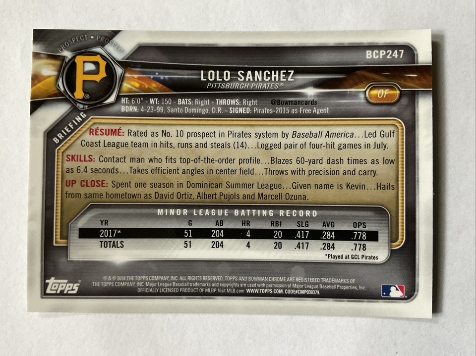 2018 Bowman Chrome LOLO SANCHEZ 1st Bowman Card RC Los Angeles DODGERS #BCP247 | eBay