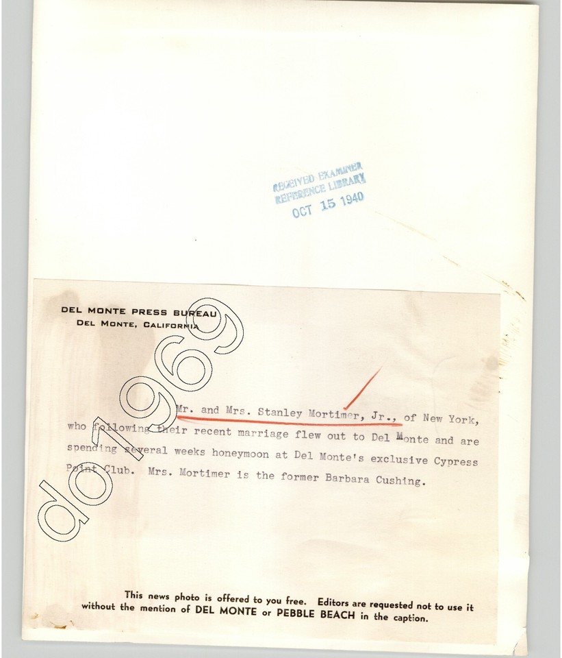 STANLEY MORTIMER JR & BARBARA CUSHING Honeymoon @ Del Monte VTG 1940 ...
