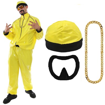 MENS 90'S RAPPER COSTUME FANCY DRESS YELLOW TRACKSUIT GOLD CHAIN BEARD ...