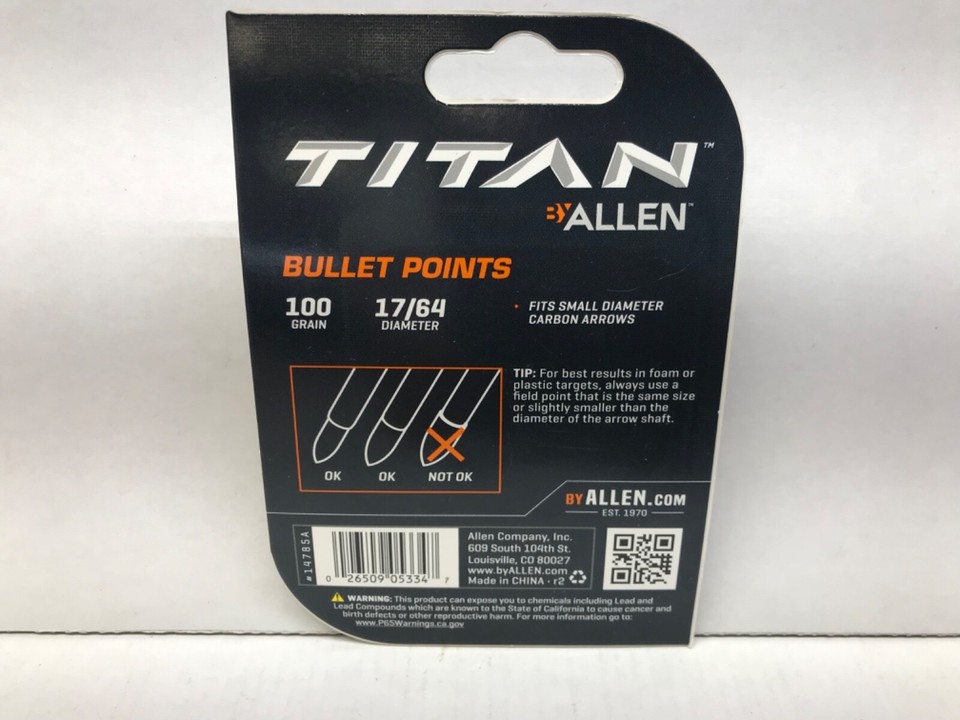 Allen Titan Bullet Points 17/64 Diameter 100 Grain 10 Pack 14785A | eBay