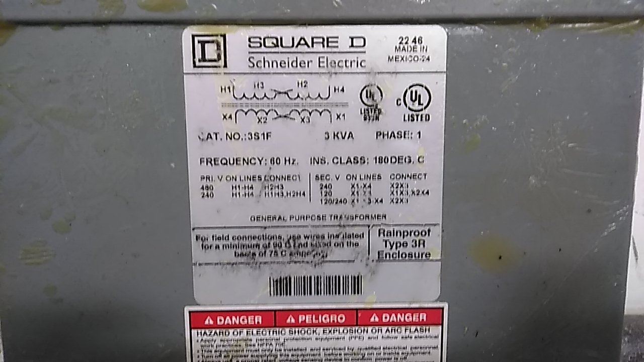 Square D 3S1F 240VAC;480VAC Input 3 kVA Single Phase Transformer (C) | eBay