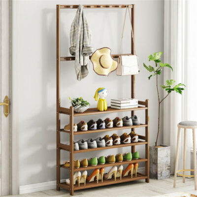 5 Tier Hall Tree Shoe Rack Shelf Coat Hanger w/ 8 Hooks Bamboo Storage ...