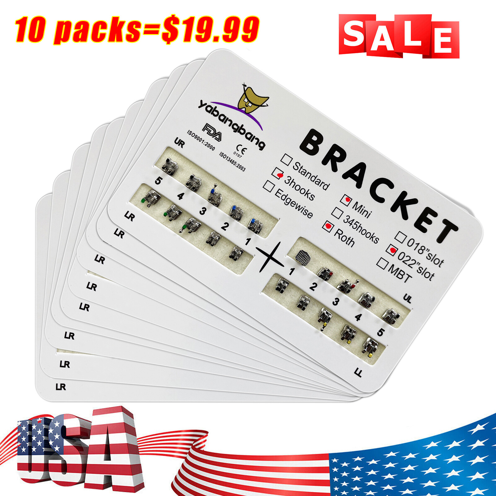 10 packs Dental Orthodontic Braces Brackets Mini Roth 022" Slot 3 Hooks ...