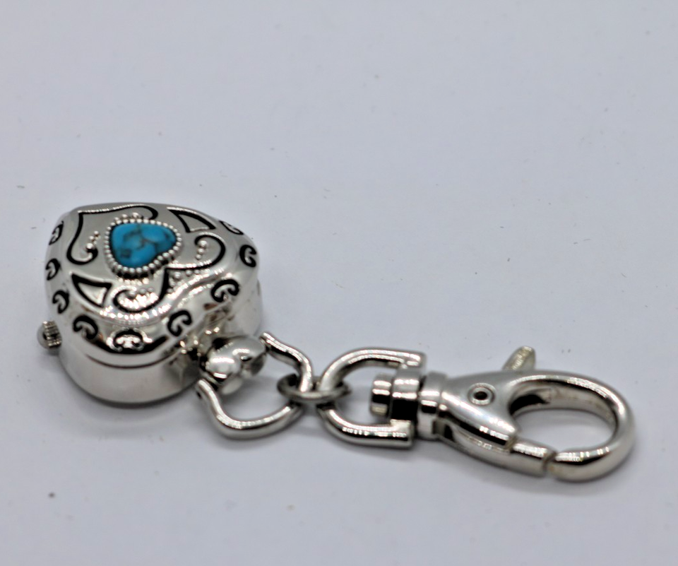AVON Ladies pretty silver heart pocket watch W/keychain Quartz *NEW ...