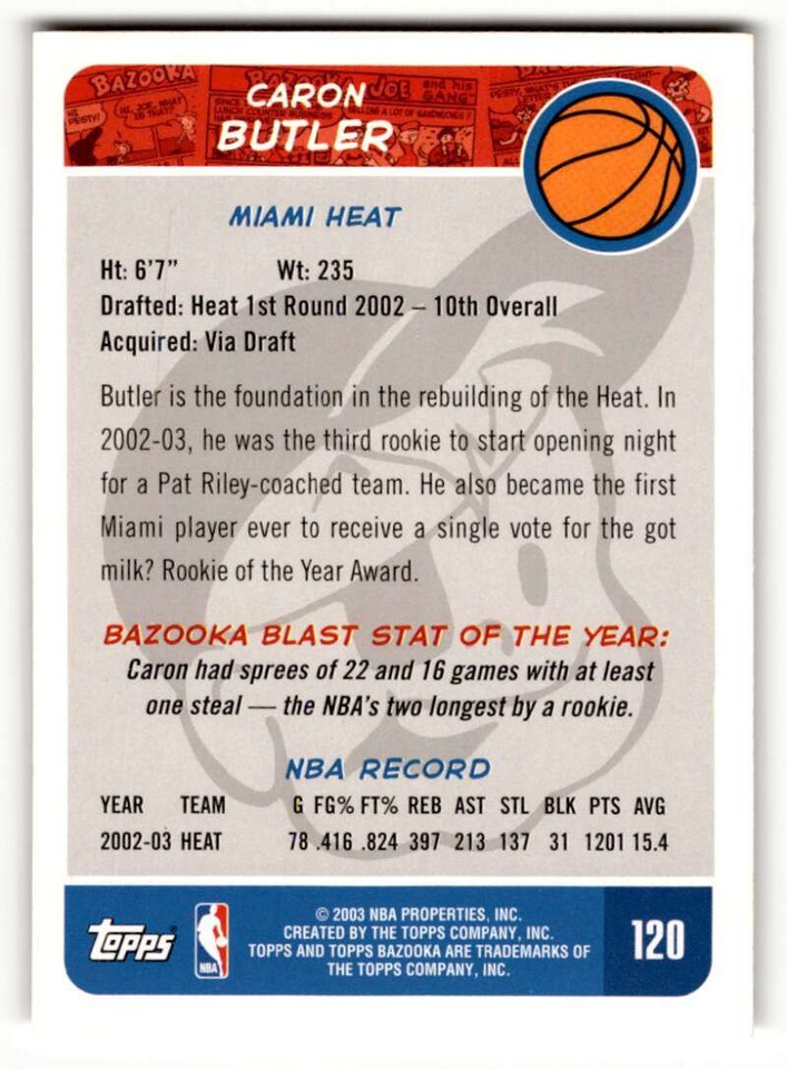 2003 Bazooka #120 Caron Butler Miami Heat Basketball Cards EX/NM ID ...