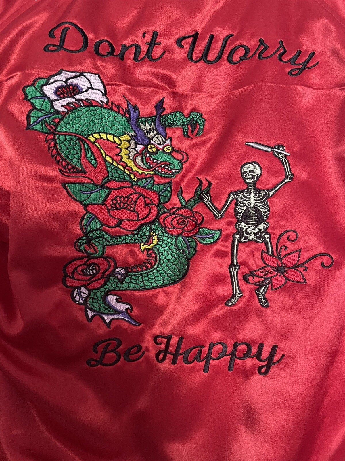 Satin Burgundy Bomber Jacket “Don’t worry Be happy” E… - Gem