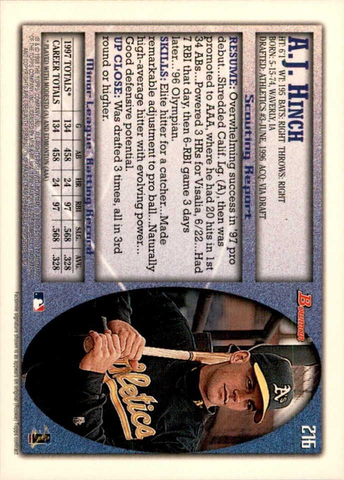 1998 Bowman A.J. Hinch . Oakland Athletics #216 | eBay