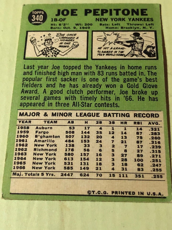 1967 Topps Joe Pepitone Card #340 NEW YORK YANKEES Centered EX-MT | eBay