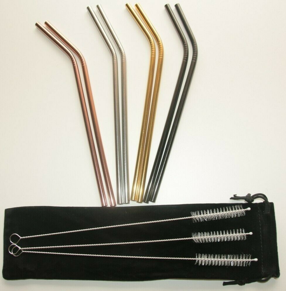 Stainless Steel Straw 8 Metal Straws & Bag Black Silver Gold Rose Gold ...
